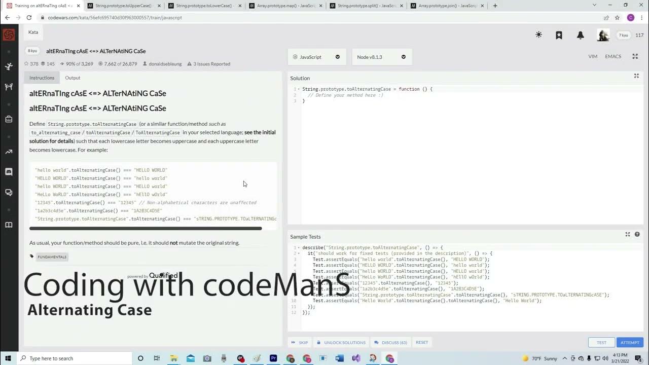 (Archived) Codewars 8 kyu altERnaTIng cAsE to ALTerNAtiNG CaSe JavaScript - YouTube