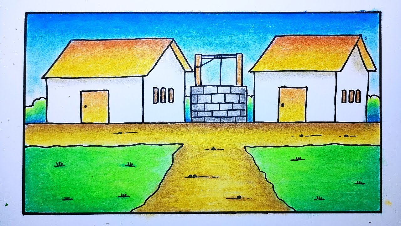 Simple rules for drawing village scenes for Beginners 💖💖Village Scenery ...