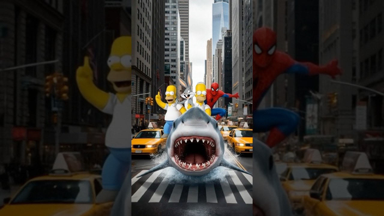 Homer Simpson, bugs bunny and Spiderman riding ontop of a shark in New ...