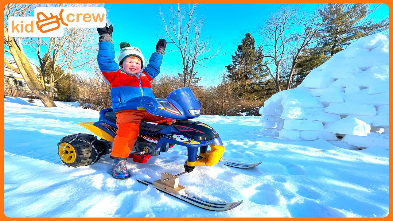 Driving Power Wheel snowmobile, awesome winter sledding track and snow ...