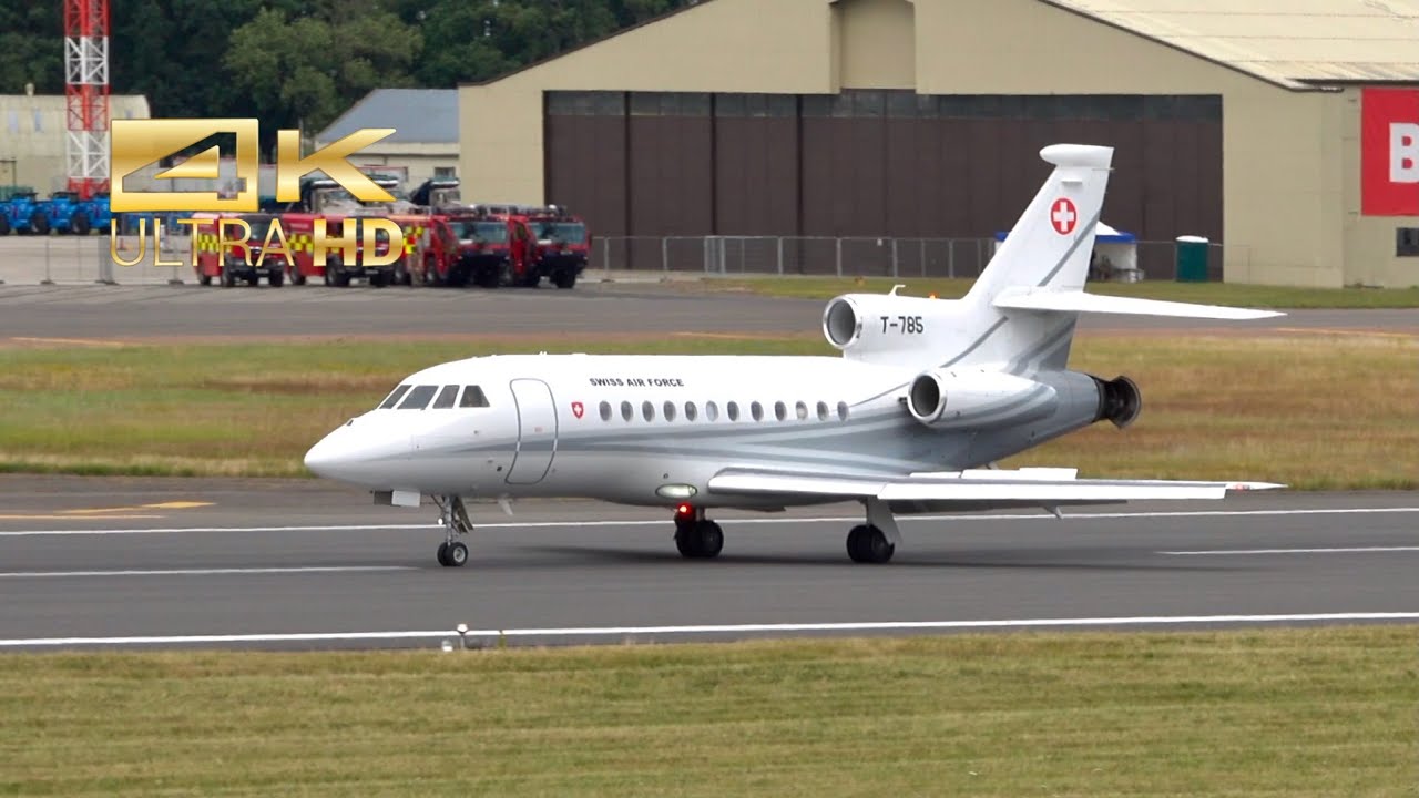 (4K) Dassault Falcon 900EX from the Swiss Air Force T-785 arrival RAF ...