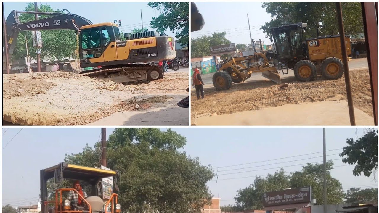 Volvo vibrator roller vs cat grader machine working in road - YouTube