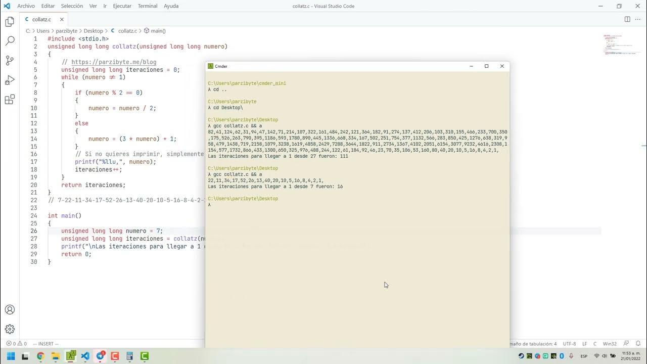 Conjetura de Collatz en C - YouTube