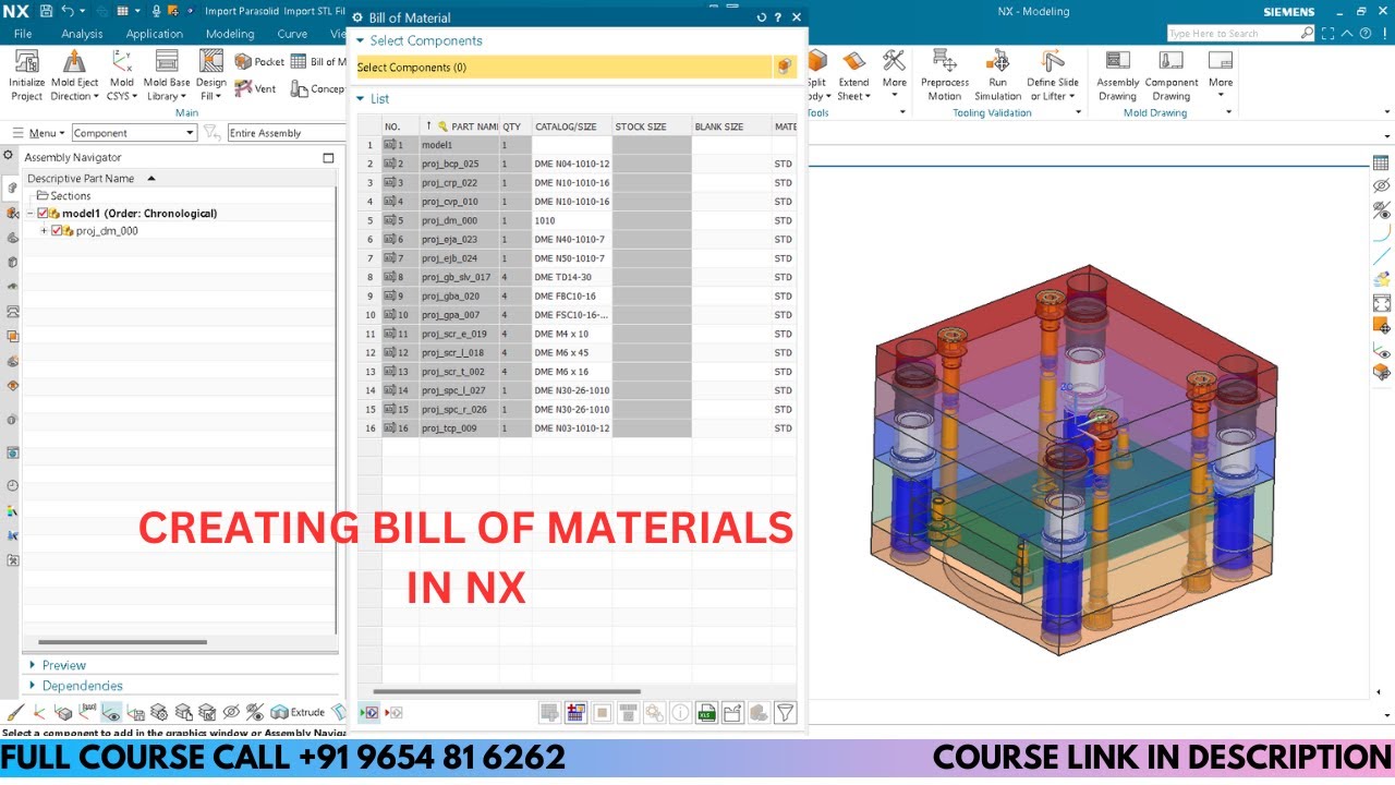 HINDI | 152. Creating Bill Of Materials (BOM) in NX | Injection Mold Design Course - YouTube