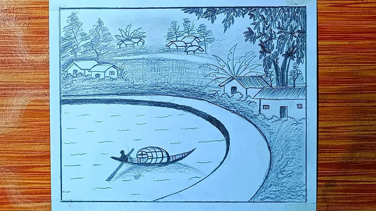 how to draw village scenery with pencil colour step by step//very easy ...