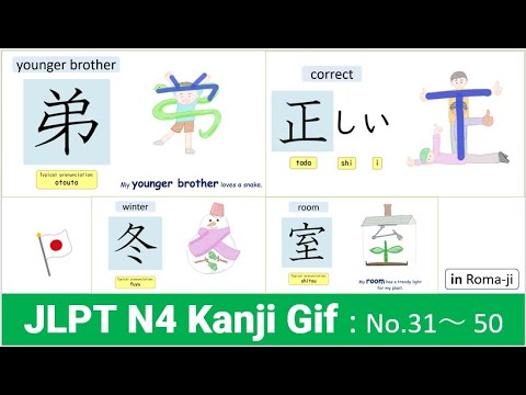 JLPT N4 180 Kanji animation Step 2 - No. 31-50 [私村回文字早家室正春夏秋冬市姉妹兄弟親京] - YouTube