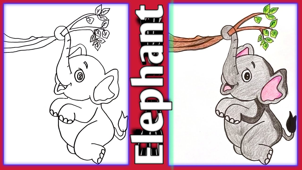 How To Draw ️Elephant Hanging On Branch🐘|| Cute Baby Elephant Drawing ...