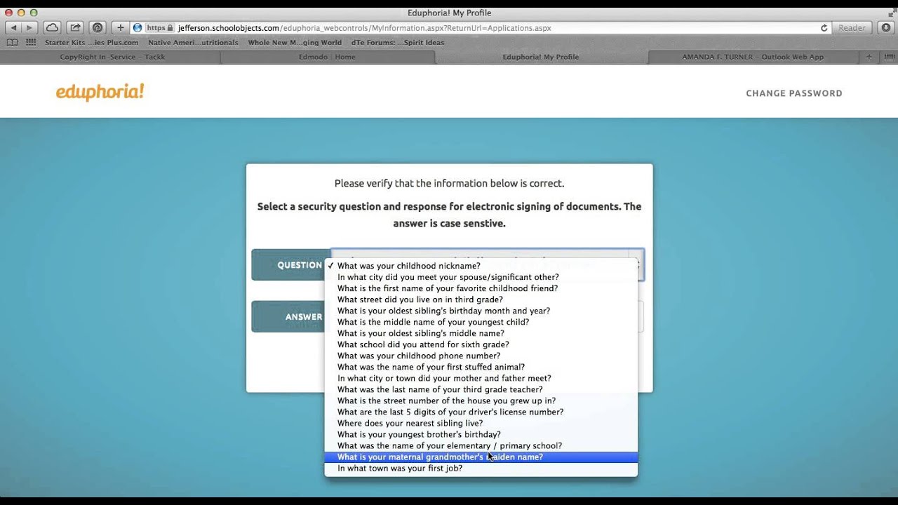 Eduphoria - Changing Your Security Question - YouTube