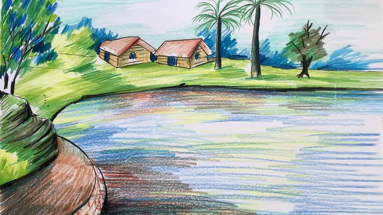 Vietnamese Countryside Drawing: a small house, a lake, and coconut ...