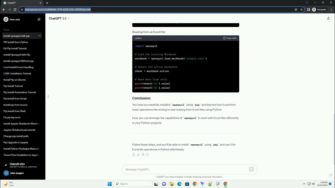 how to install openpyxl in python using pip - YouTube