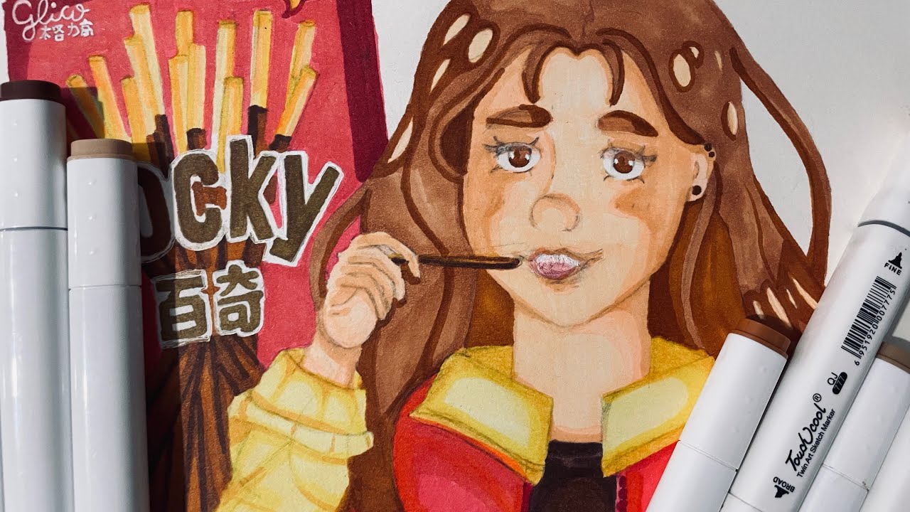 PINTANDO CON MARCADORES BASE ALCOHOL // PERSONAJE POCKY ♥️💛🧡 - YouTube