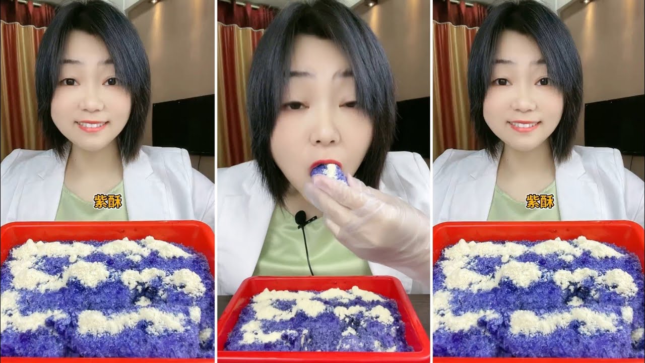 purple shaved ice chunks topped with milk powder eating asmr || full ...