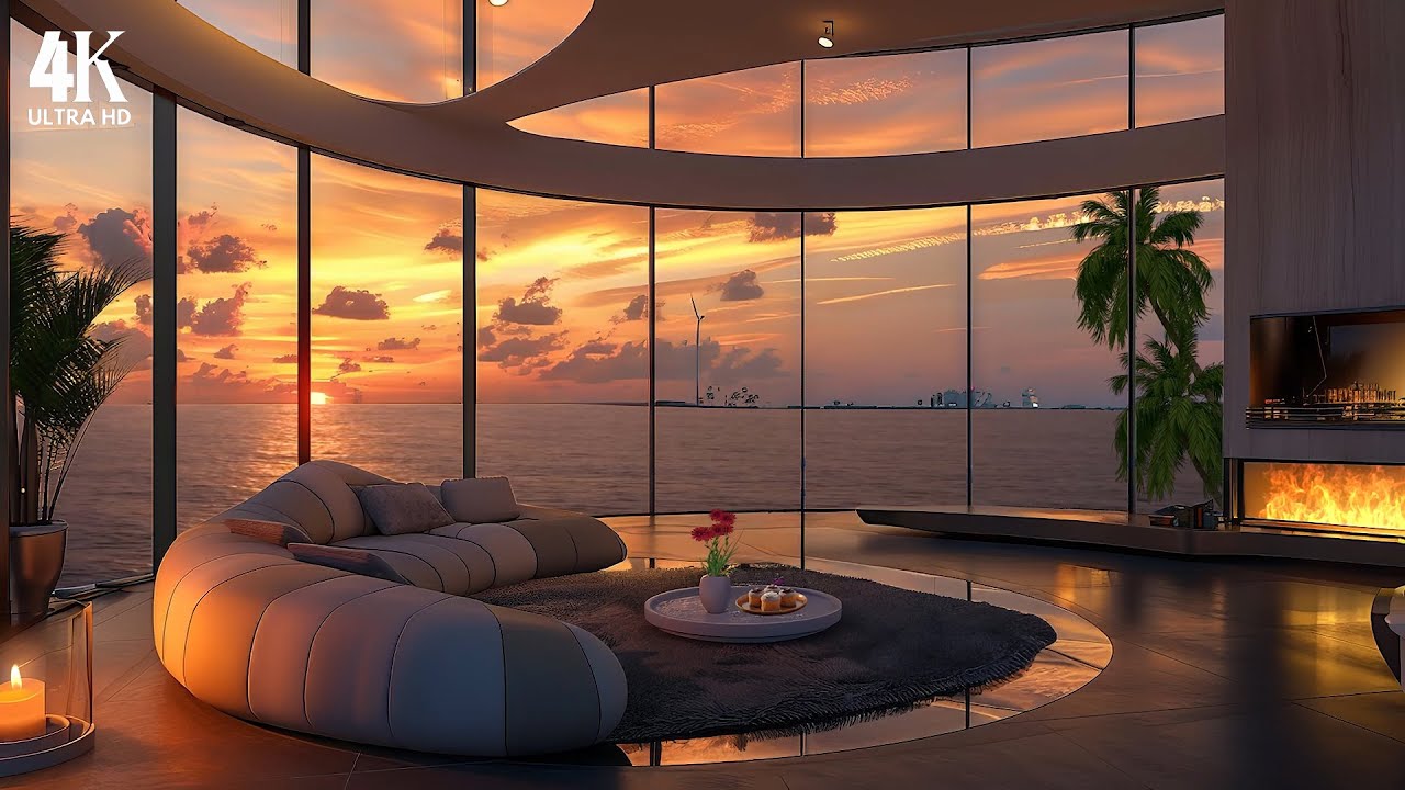4K Beach Sunset Vibes | Cozy Living Room Relaxation with Ocean Wave ...