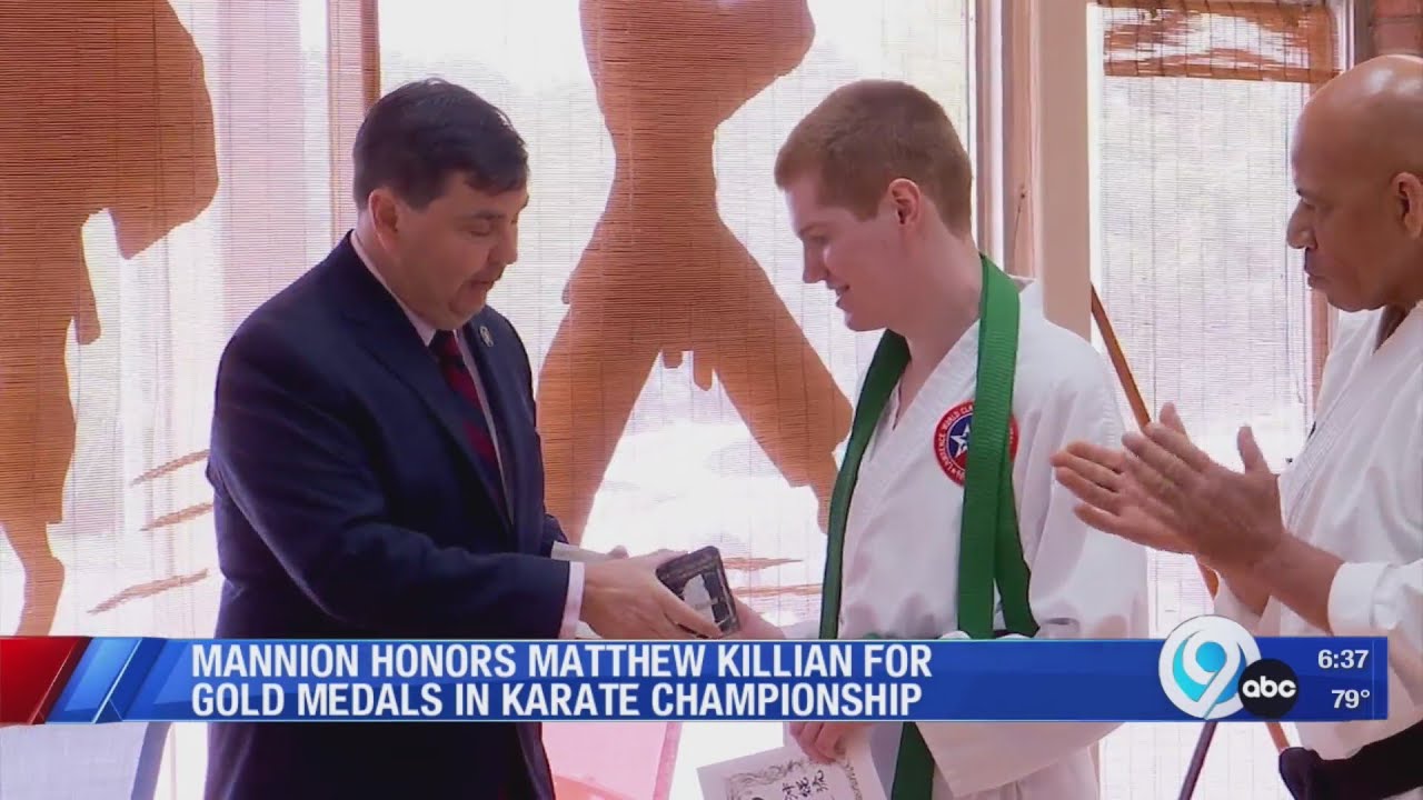 John Mannion honors Matthew Killian for gold medals in karate ...