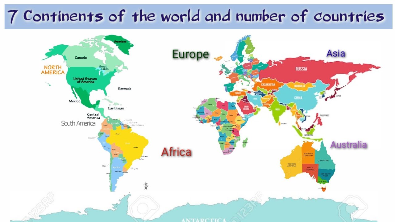 Names of continents of the world and number of countries in English for ...