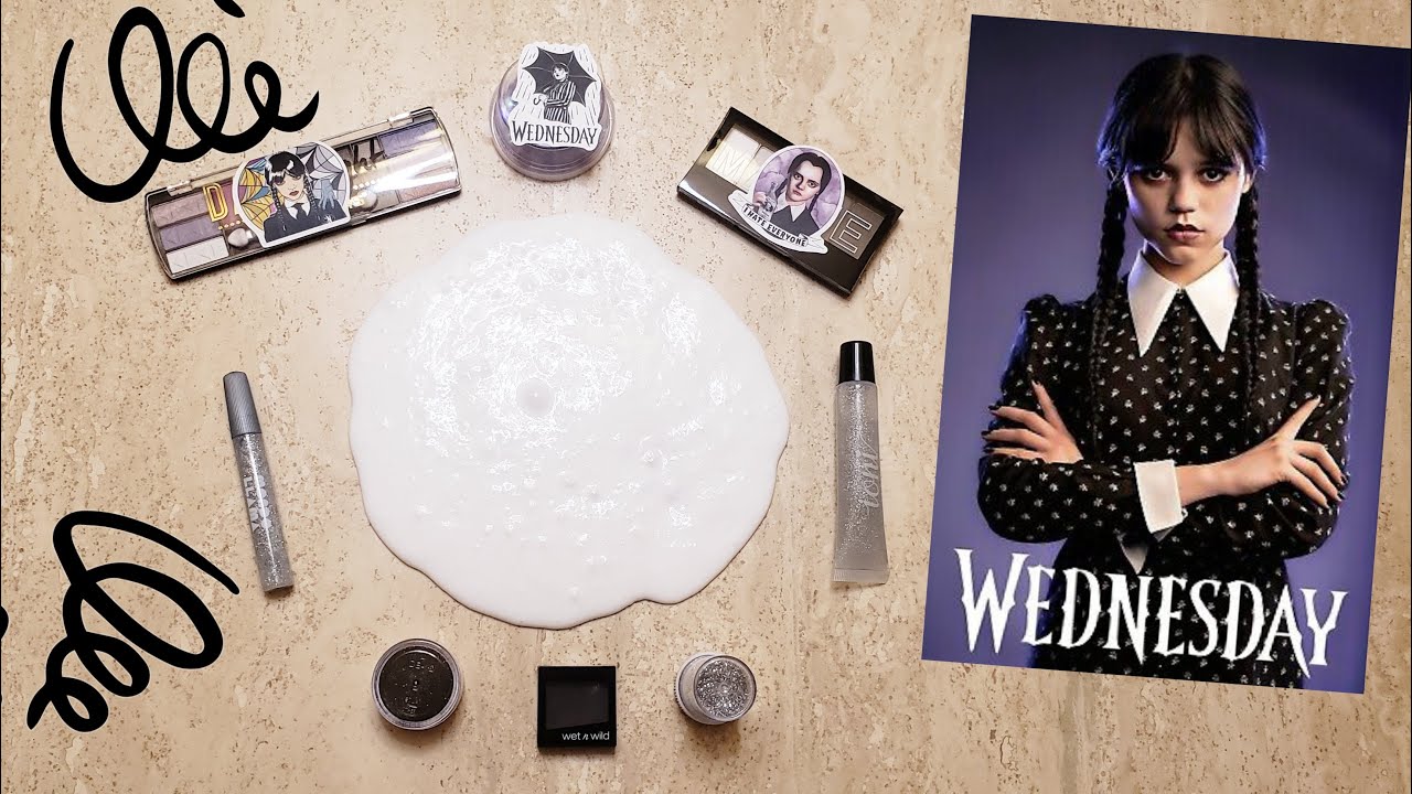 WEDNESDAY ADDAMS Slime Mixing Makeup Satisfying ASMR Black | Purple ...