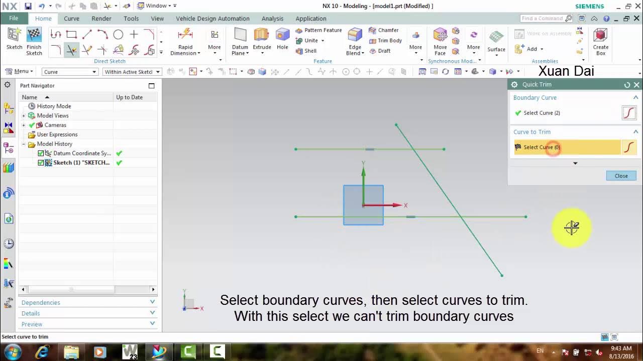 nx cad training tutorials how to use quick trim command in sketching - YouTube