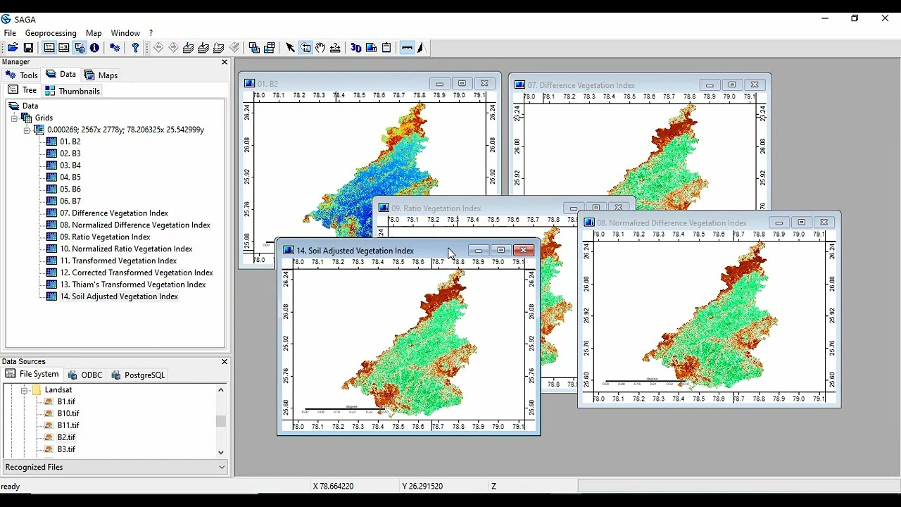 Vegetation indices in SAGA GIS: NDVI, EVI, SAVI, TVI, etc and Tasseled ...