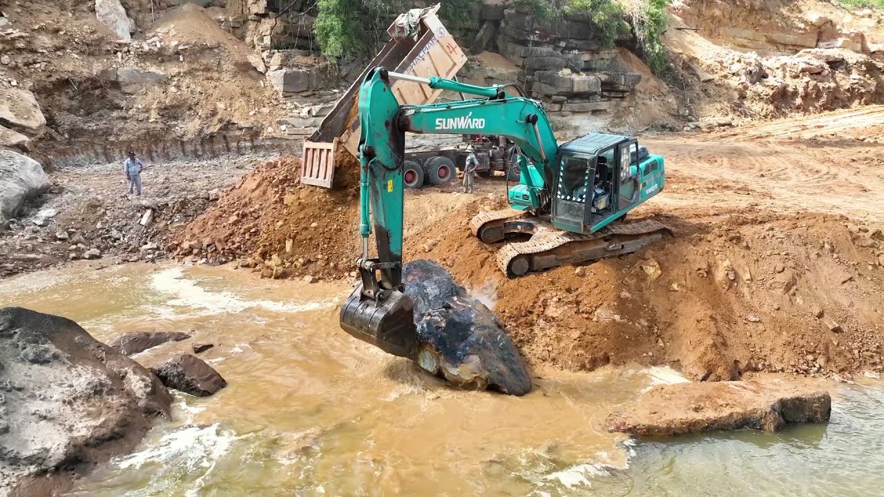 Wonderful Dam Construction Truck Dumping Stone, Excavator Digging ...