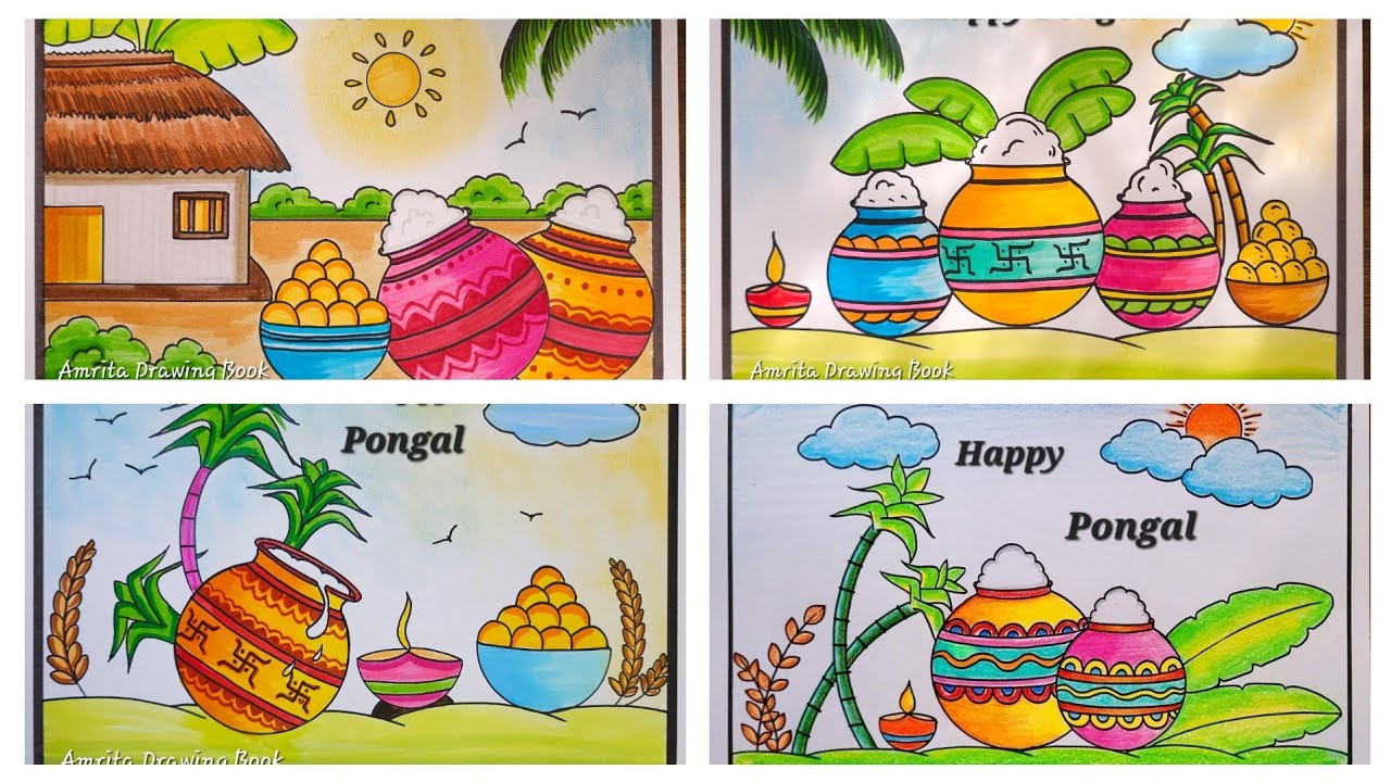 Pongal Festival Drawing | Pongal Scenery drawing | Happy Pongal Poster ...