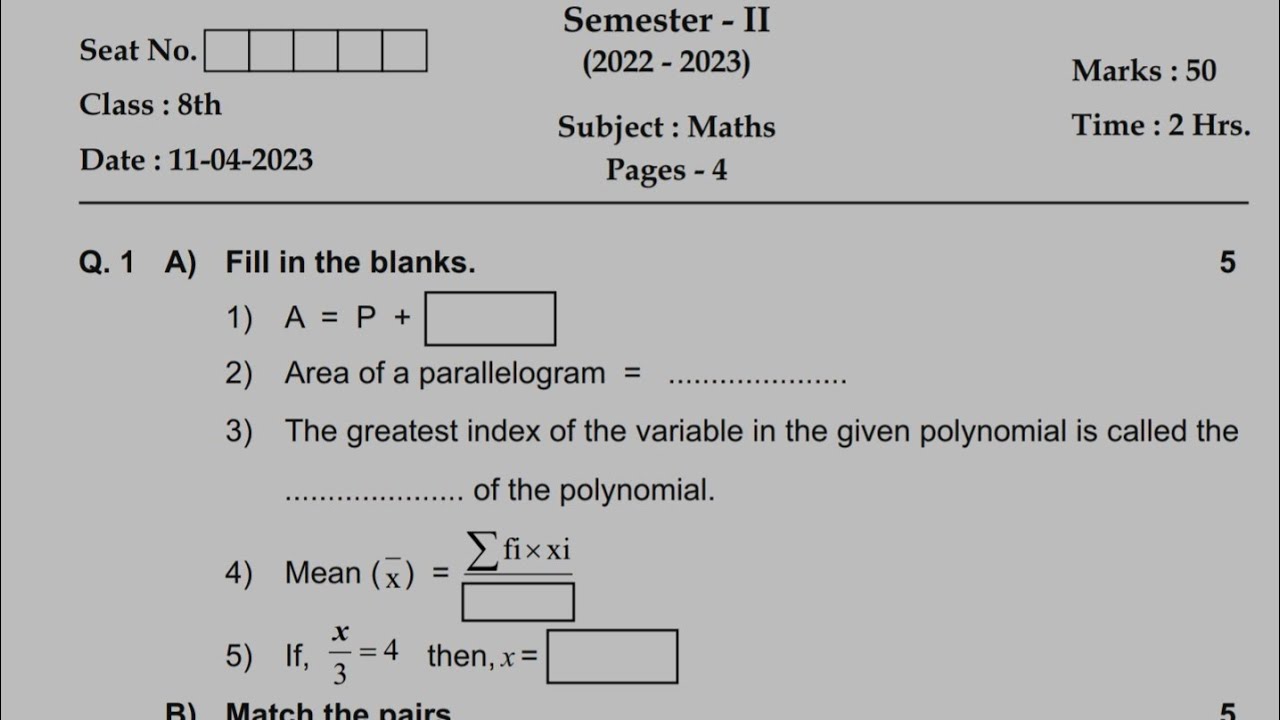 Class 8 maths | second term sample paper 2024 - YouTube