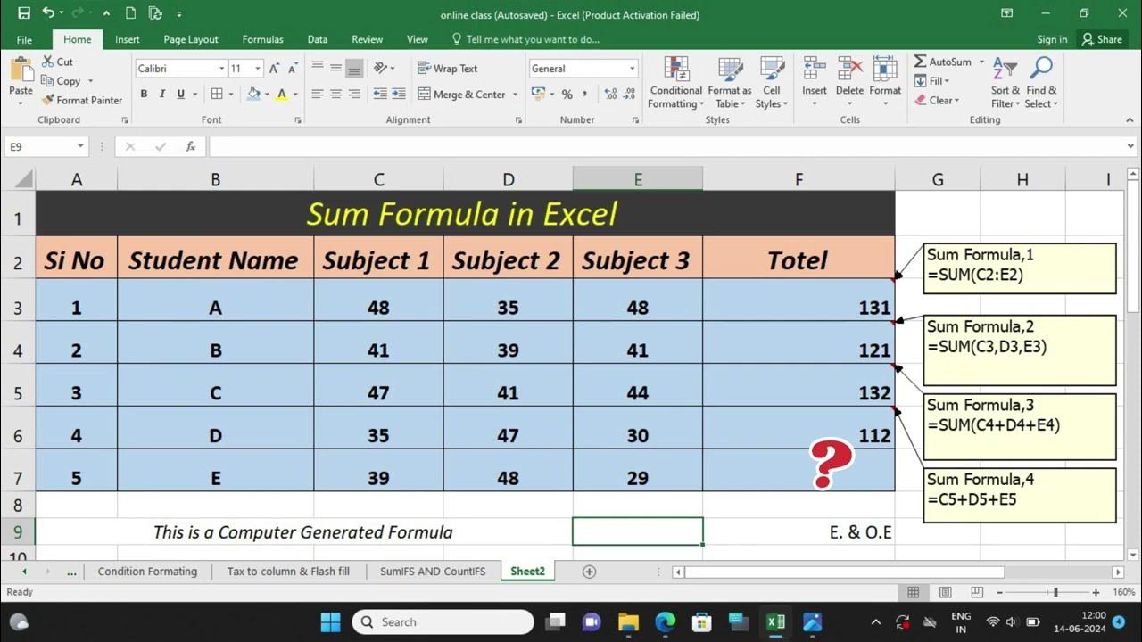 Ms Excel Sum formula #1 - YouTube
