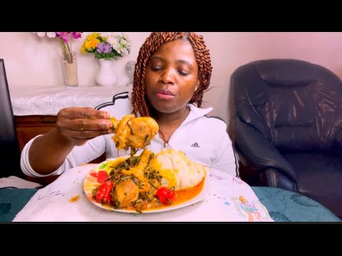 African Food mukbang/ chicken meat with vegetables pepper soup and fufu ...
