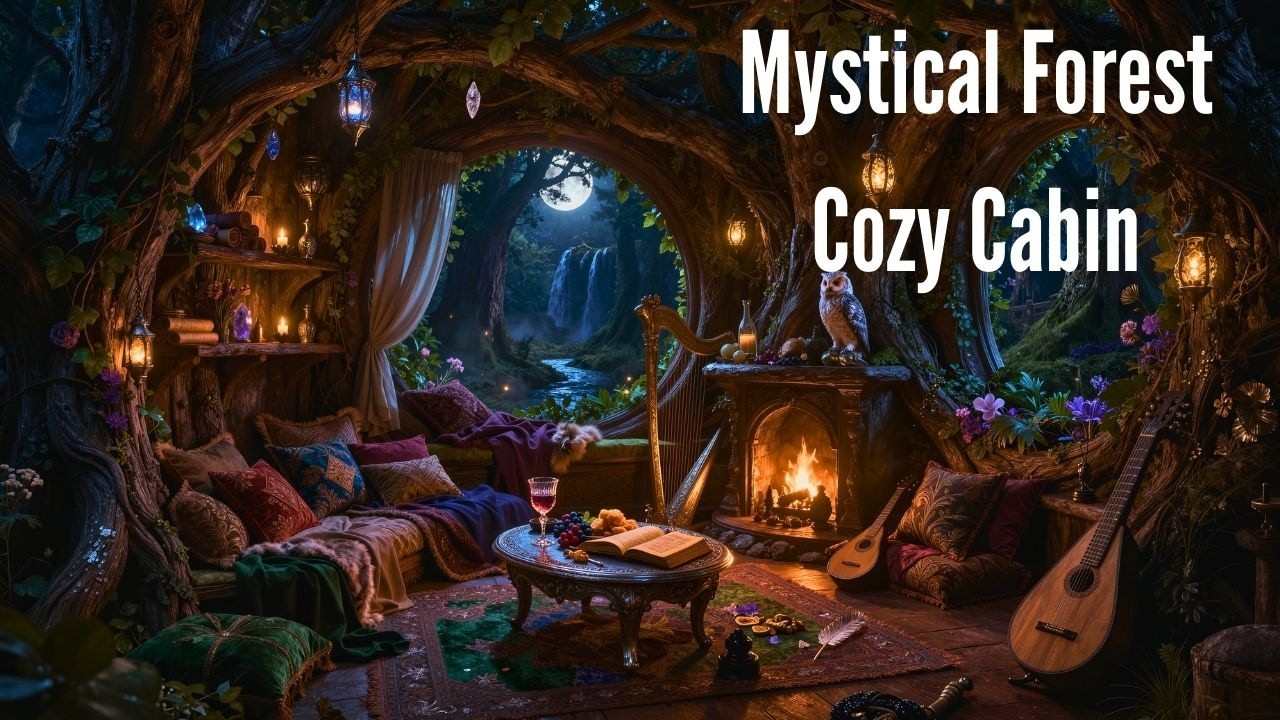 Mystical Forest Elven Cabin - Ambient Cozy Fire - Distant Waterfall ...