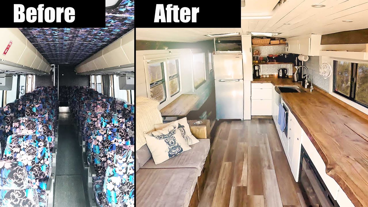 Bus Conversion Tour | Couple Builds Tiny Dream Home in Coach Skoolie ...