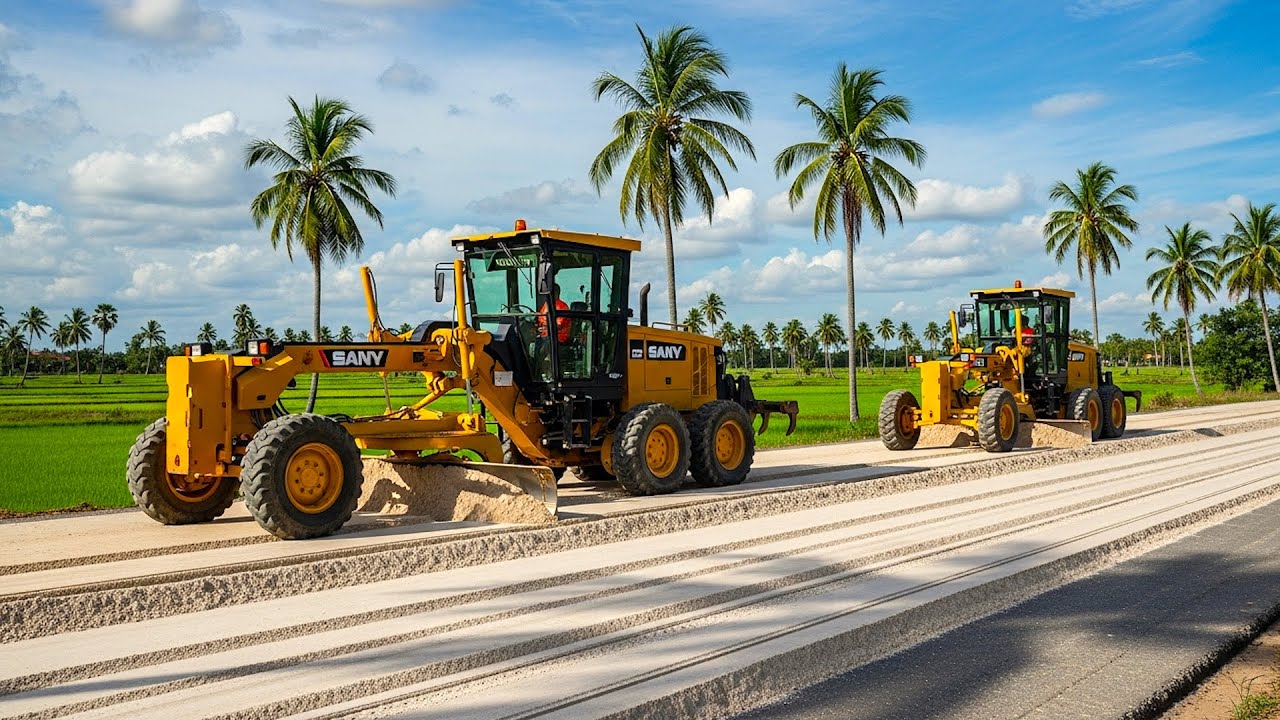 Awesome Machinery Pushing The Piles of Sand in Rows on The Road is SANY ...