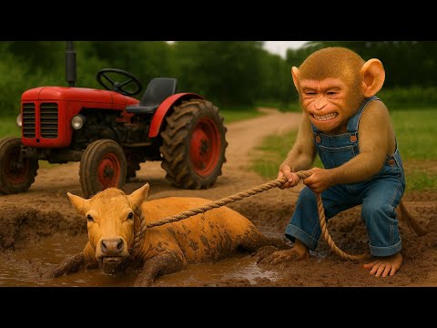 Cow Fell Into Swamp, Monkey Farmer Rescued Cow With Tractor - Monkey Farm Work | CoCo Farm
