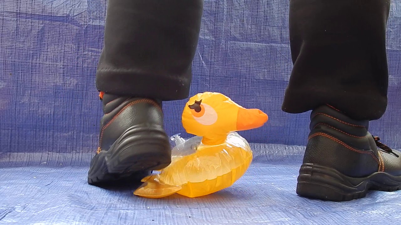 Steel toe work boots crush inflatable duck - YouTube