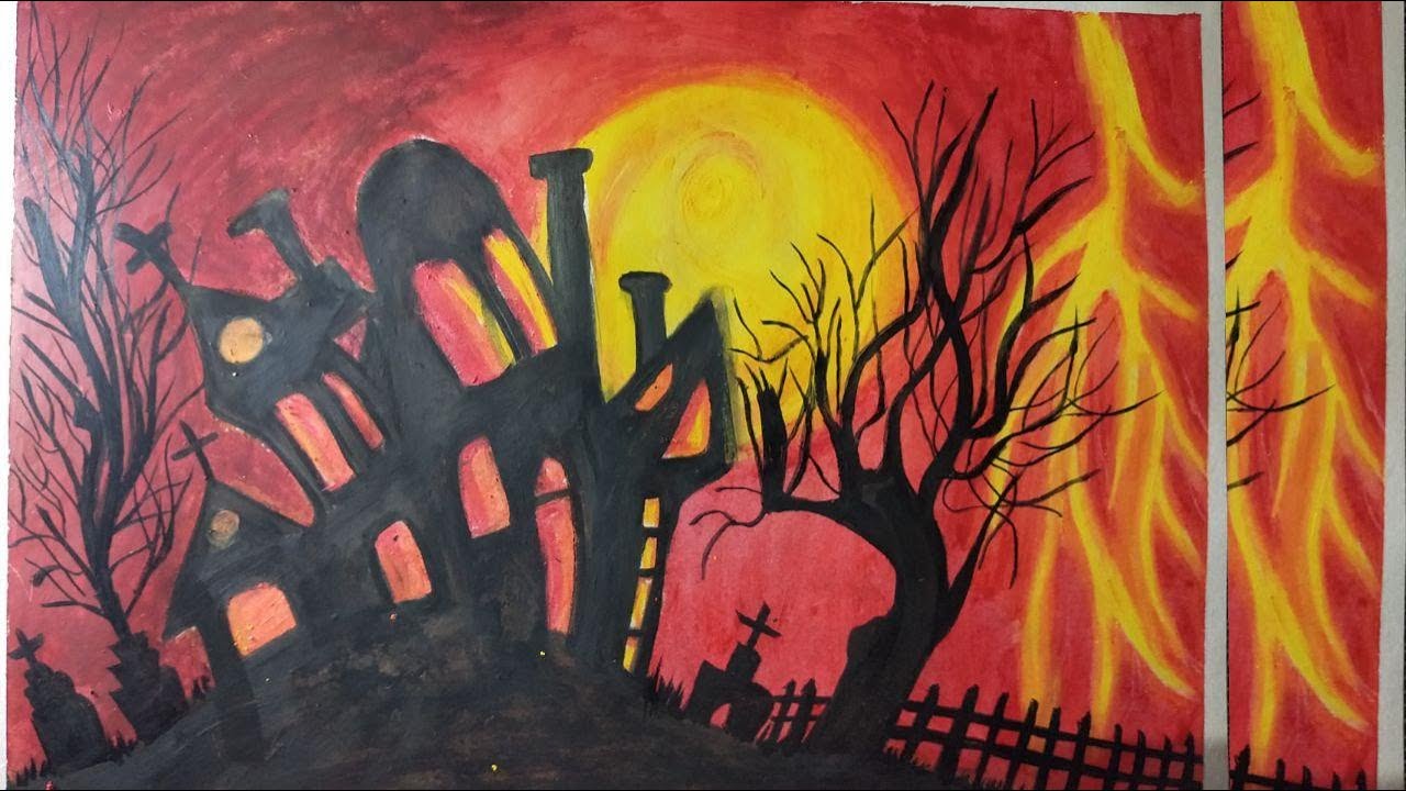 Scary Halloween Haunted House Drawing with Oil Pastels for Beginners ...