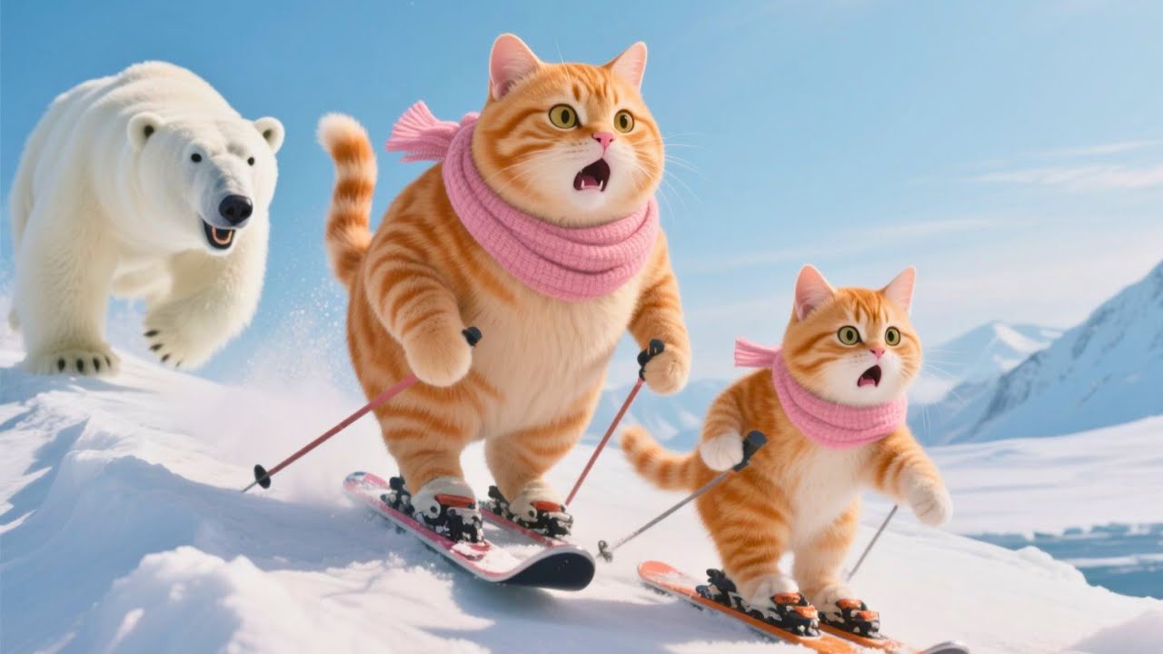 Mama Cat Takes Ginger Skiing in the Arctic by Helicopter 🐱⛷️🚁 - YouTube