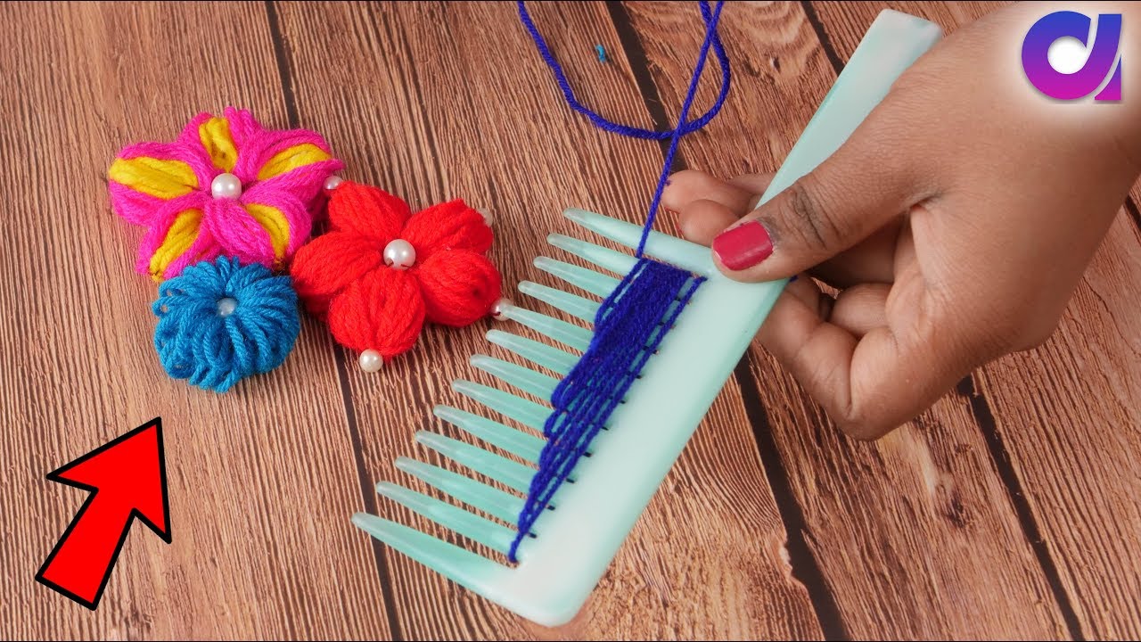 How to Make Flowers using Comb | Wool Embroidery | Wool craft idea ...