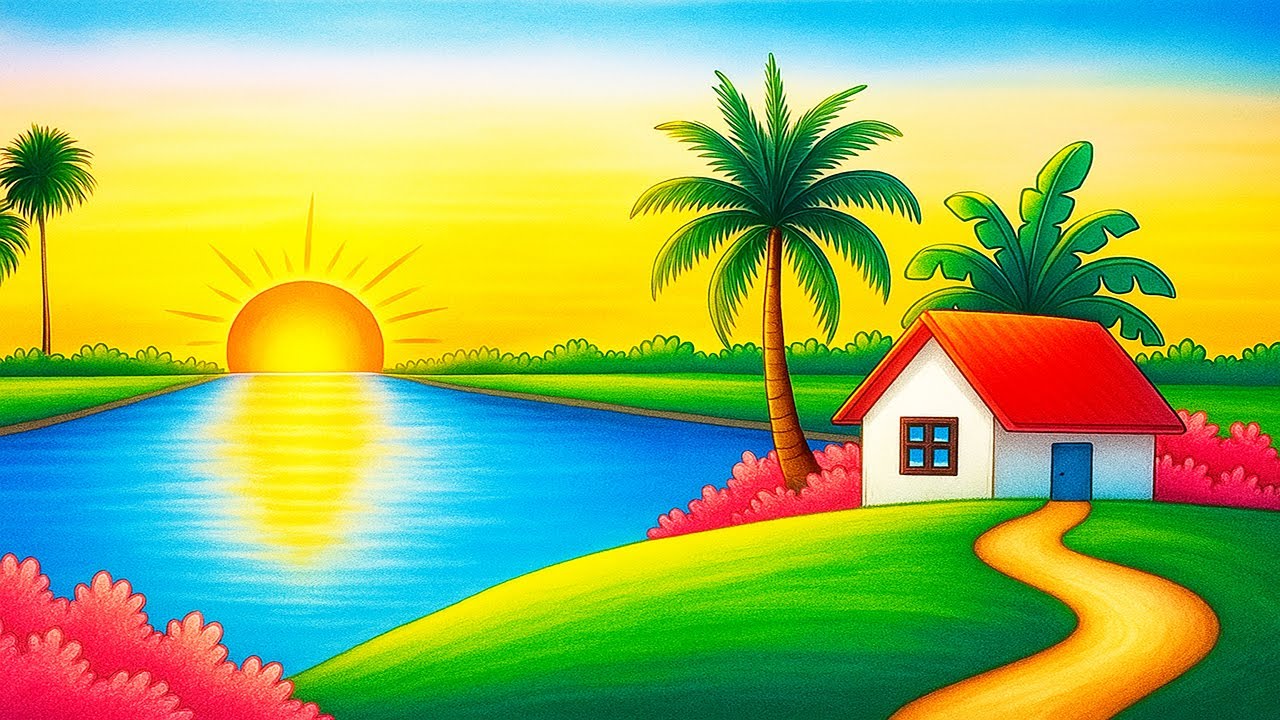 How to Draw a Realistic Village Sunset Scenery in 10 Minutes | Easy Oil ...