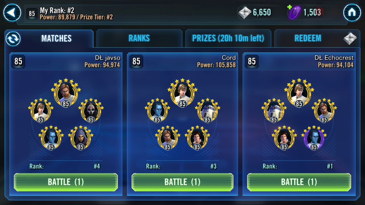 Swgoh arena ReggaeDragon vs Javso round 2 (hermit Yoda just needed to ...