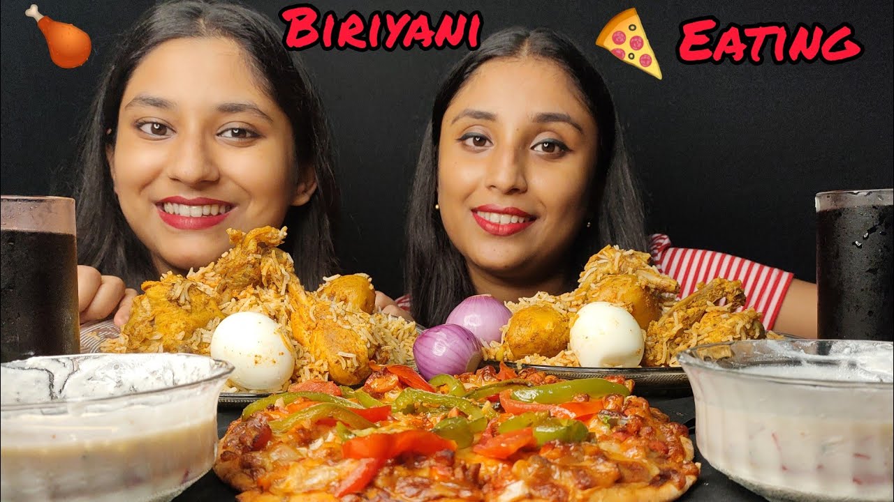 Spicy🔥Chicken Biryani with Cheesey chicken pizza🍕 Eating 😋|Bengali Foodie sisters|Eating show 😋 ...