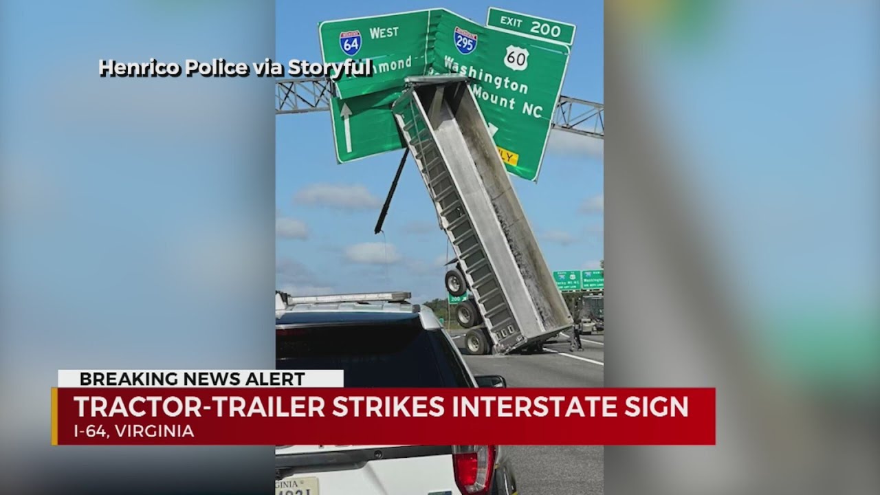 Tractor-trailer strikes interstate sign in Virginia - YouTube