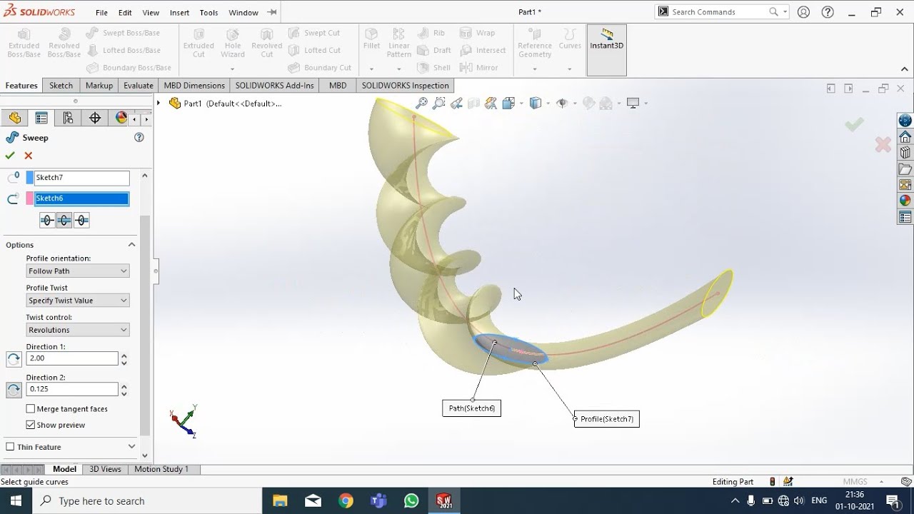 Swept feature in Solidworks || Swept Boss/Base || Swept Cut || How to ...