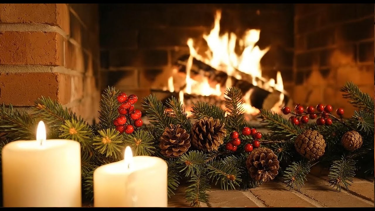 Cozy Christmas Fireplace crackling fire candles pine cones and holly ...