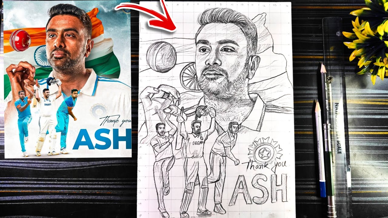 Happy Retirement Ashwin 🥺🇮🇳 ️, Ravichandran Ashwin Drawing Outline, Indian Cricket team Drawing ...