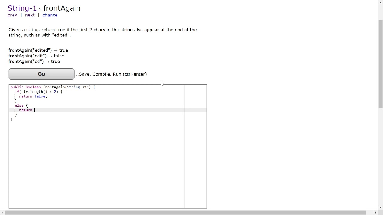 String-1 (frontAgain) Java Solution || Codingbat.com - YouTube String-1 (frontAgain) Java Solution || Codingbat.com - YouTube