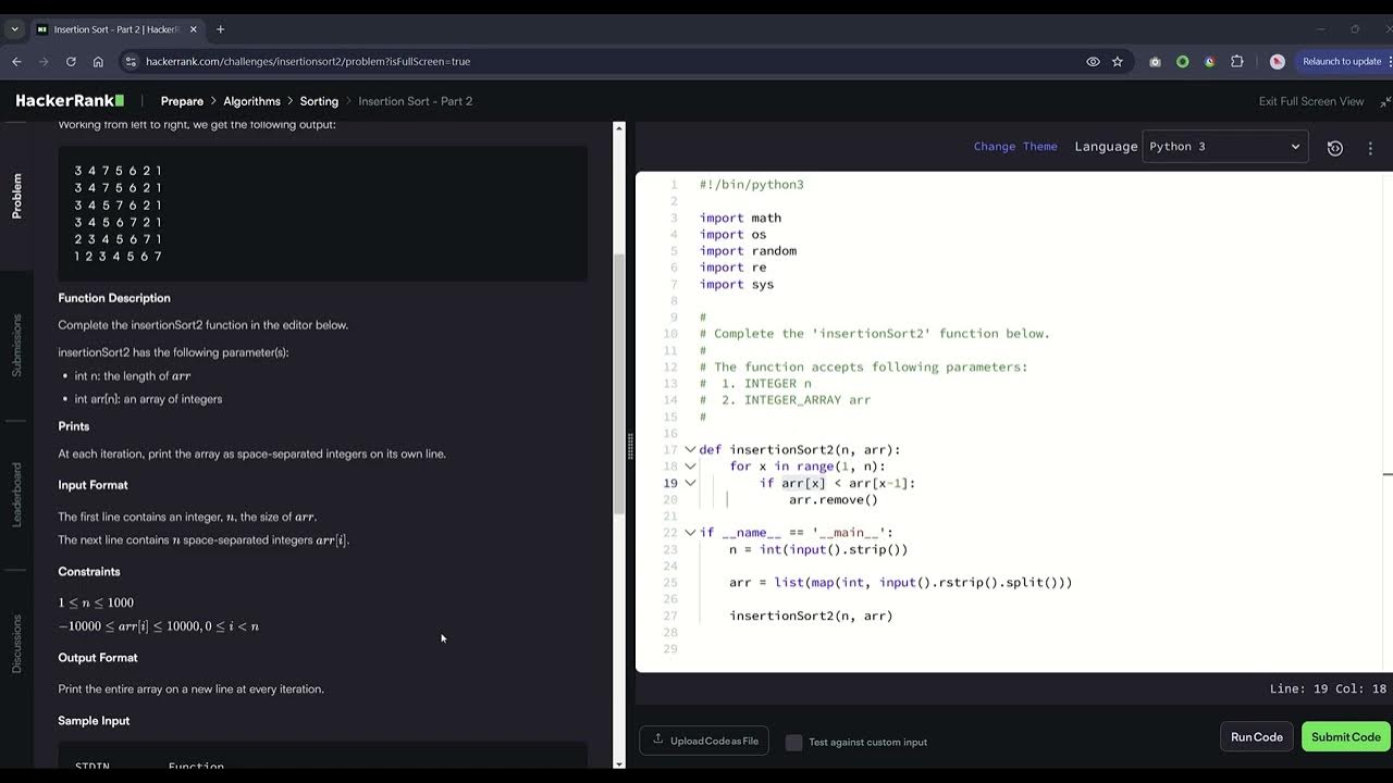 Hackerrank Problem Insertion Sort Part 2 Youtube