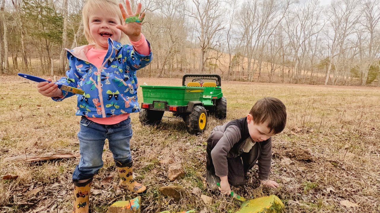 Gathering rocks from the creek with the gator and wagon to paint! | kid ...
