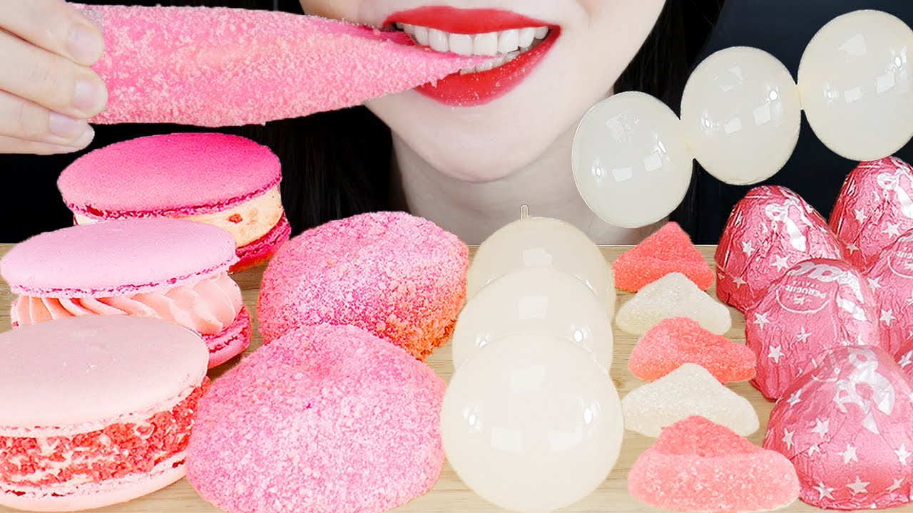 ASMR PINK FOODS & KYOHO JELLY & MACARON & CAKE & CHOCOLATE NANA EATING ...