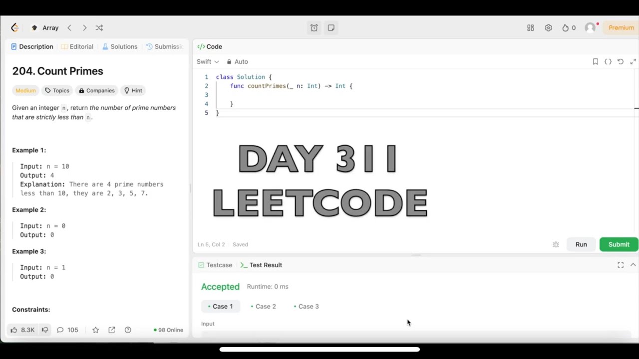 DAY 311: LeetCode Problem 204. Count Primes - Swift - YouTube