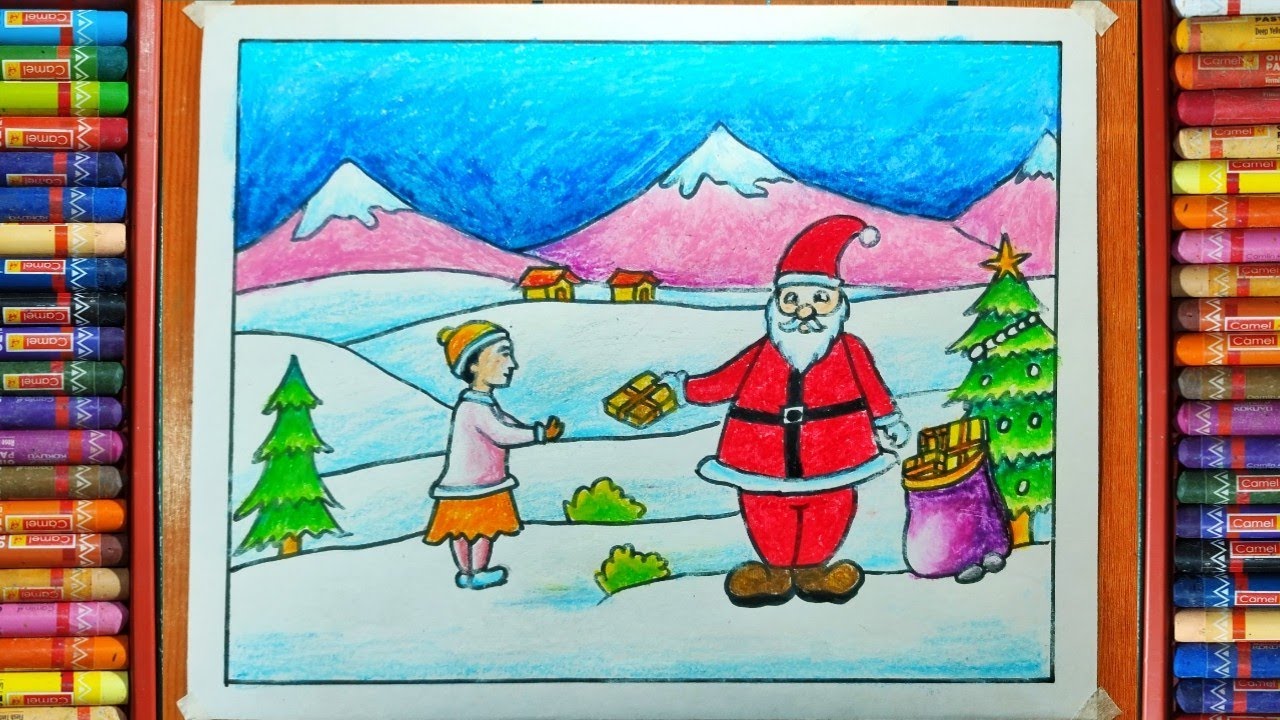 How to draw Christmas scenery || Easy santa scenery drawing stap by ...