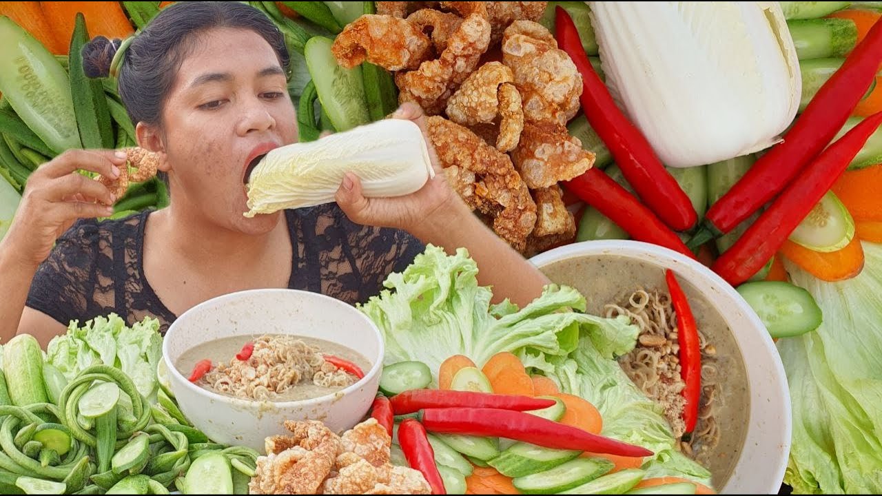 #nika asmr vegetables eating with prohok lemongrass sauce / Crispy ...