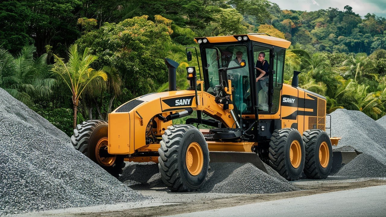 Awesome two graders and a roller compactor are working on compacting ...
